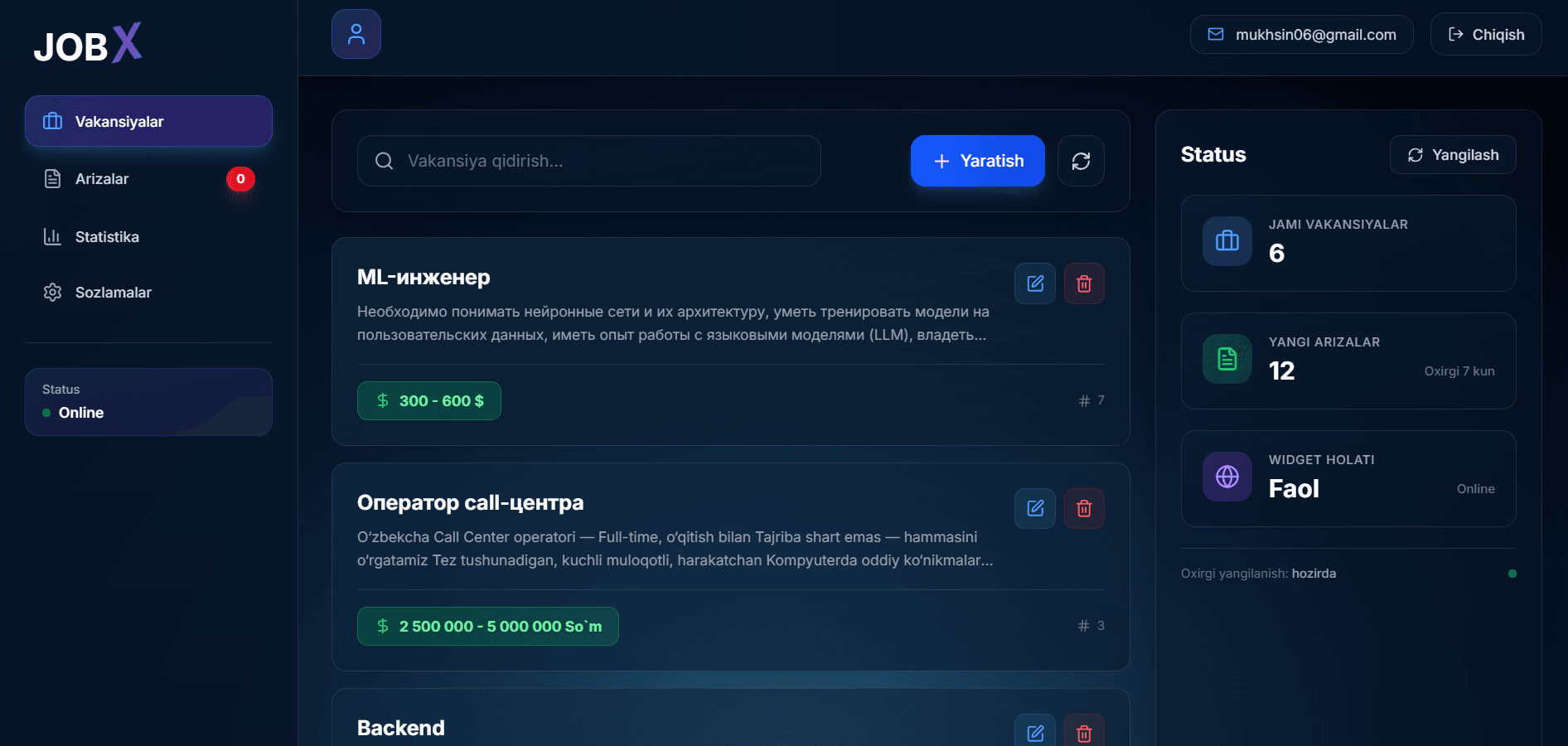 JOBX — O'zbekistondagi Professional Ish Platformasi | AI HR Chatbot 24/7